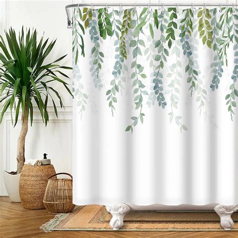 Green Eucalyptus Shower Curtain Watercolor Leaves Plant Floral Pattern