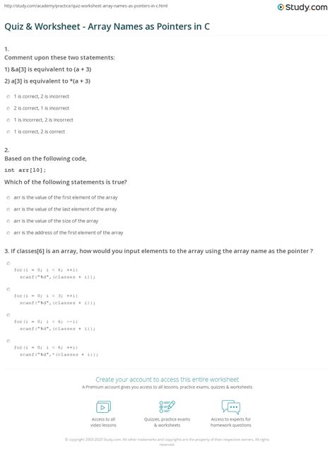 quiz and worksheet array names as pointers in c