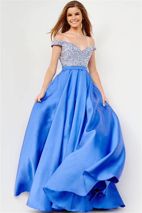 Jvn08474 Royal Blue Beaded Empire Waist Ballgown