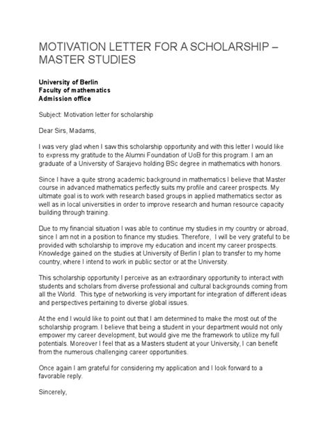 Motivation Letter For University Doc