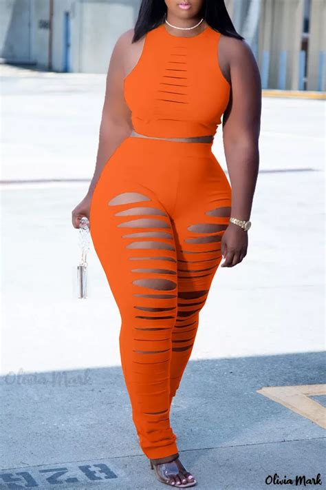 Olivia Mark Stylish Plus Size Two Piece Set Featuring Tangerine Red