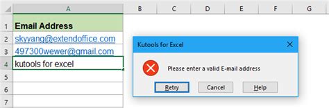 how to validate email addresses in a column of worksheet