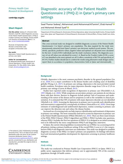 Pdf Diagnostic Accuracy Of The Patient Health Questionnaire 2 Phq 2