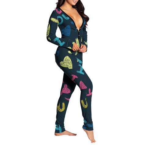 Womens Buttn Deep V Neck Butt Flap Pajamas Onesie Comfy Slim Bodysuit