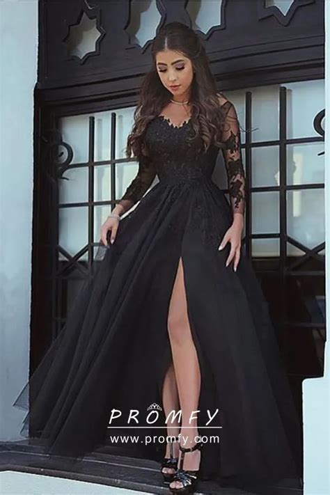 Classic Black Lace And Tulle Illusion Sleeve Formal Dress With Thigh