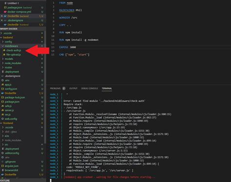 node js docker loads login screen but not starting node