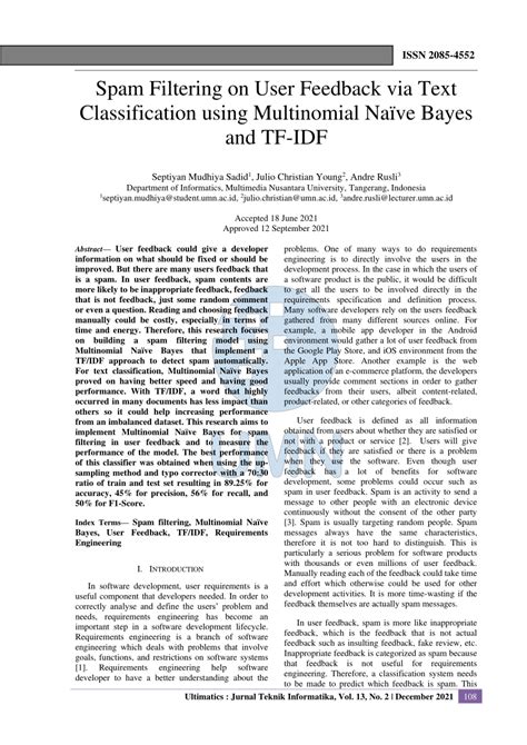 pdf spam filtering on user feedback via text classification using