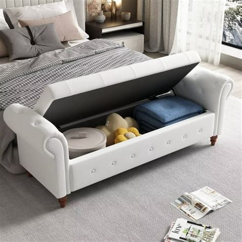 63 Long Storage Bench Button Tufted Bed End Storage Bench With Rolled