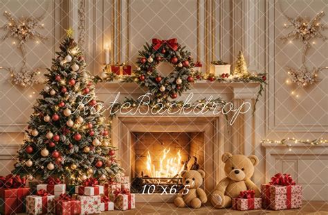 Kate Christmas Tree Fireplace Backdrop Teddy Bear For Photography