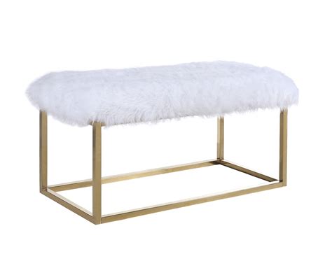 Chic Home Carolyn Fur Modern Luxe Gold Metal Frame Ottoman Bench White