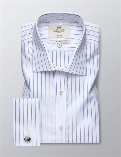 Mens Formal White And Navy Stripe Classic Fit Shirt Double Cuff Non