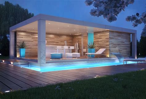 Small Modern Pool House Design White Stucco Veneer With Light Wood