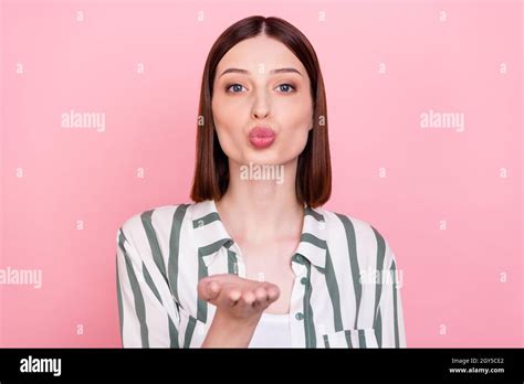 Photo Of Sweet Flirty Brunette Lady Blow Kiss Wear White Shirt Isolated
