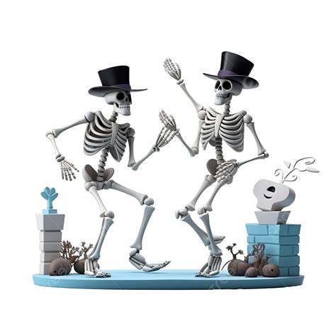 Dancing Skeletons In The Cemetery At Night Halloween Concept 3d