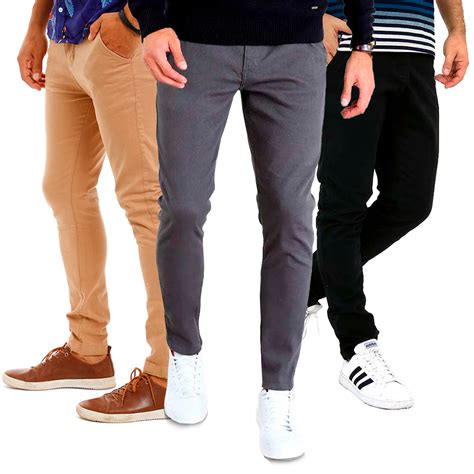 Kit Com 3 Calças Masculinas De Sarja Slim Com Lycra