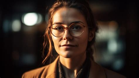 Premium Photo A Woman Wearing Glasses Stands In A Dark Room