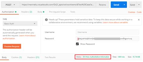 azure devops getting 203 with error when using vsts rest