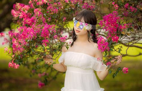 Wallpaper Summer Girl Flowers Nature Face Pose Garden Mask For