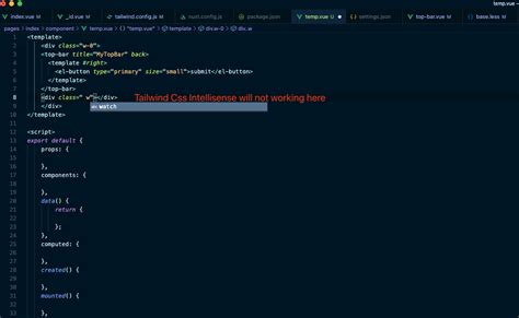 tailwind css intellisense will not working when vue template code have