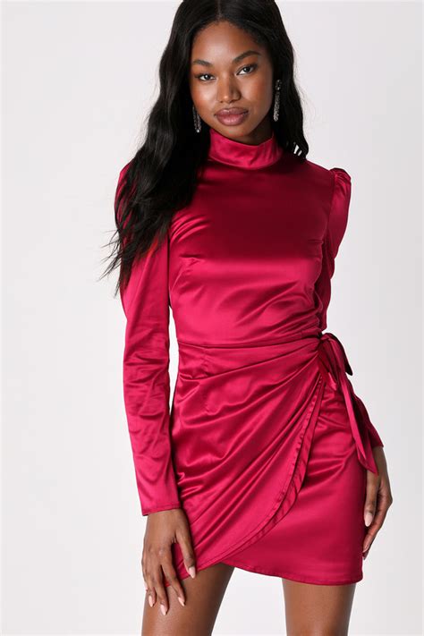 Red Satin Dress Back Cutout Mini Dress Faux Wrap Dress Lulus