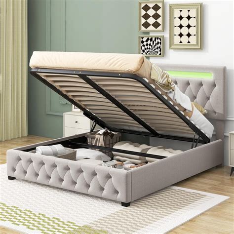 Harper And Bright Designs Beige Wood Frame Queen Size Upholstered