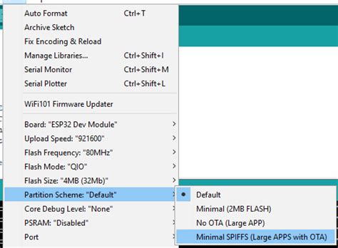 arduino sketch too big esp32 name