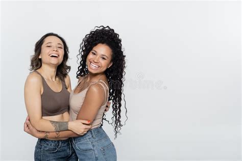 Curly African American Woman Hugging Cheerful Stock Image Image Of