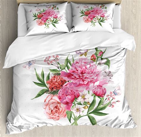 Floral Queen Size Duvet Cover Set Vintage Watercolor Style Bouquet Of