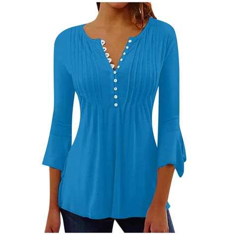 Uyisj Womens Tunic Tops Summer 3 4 Bell Sleeve Casual Blouse Solid V