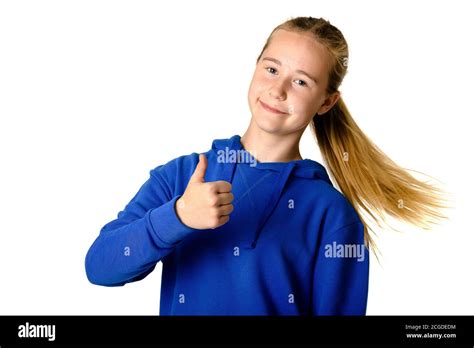 Young Blonde Caucasian Teen Girl Wearing Blue Hoodie On White