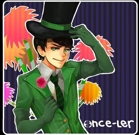 A Man In A Green Suit And Top Hat Holding His Hand Up To His Head