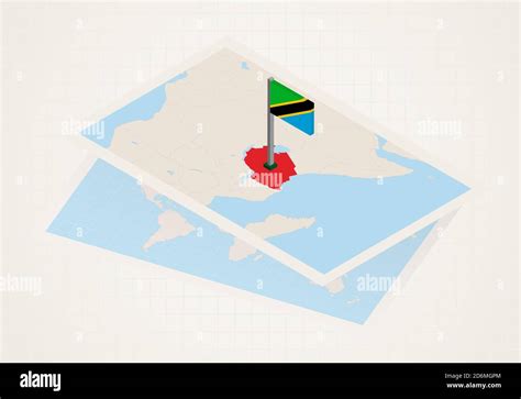Tanzania Selected On Map With 3d Flag Of Tanzania Vector Paper Map