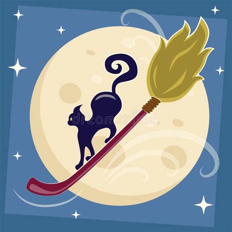 Cute Witch Cat Hat Who Stole Witches Broom And Fly In The Night Stock