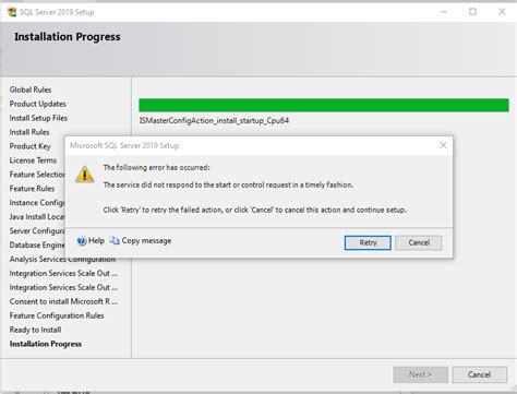 error installing sql server 2019 the service did not respond to the