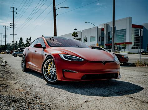 Satin Red Tesla Model S Plaid Up 03 Wheels And Carbon Fiber Bbk