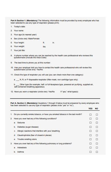 Sample Medical Questionnaire Form