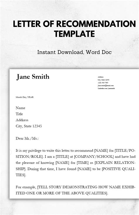 Letter Of Recommendation Template Word Etsy