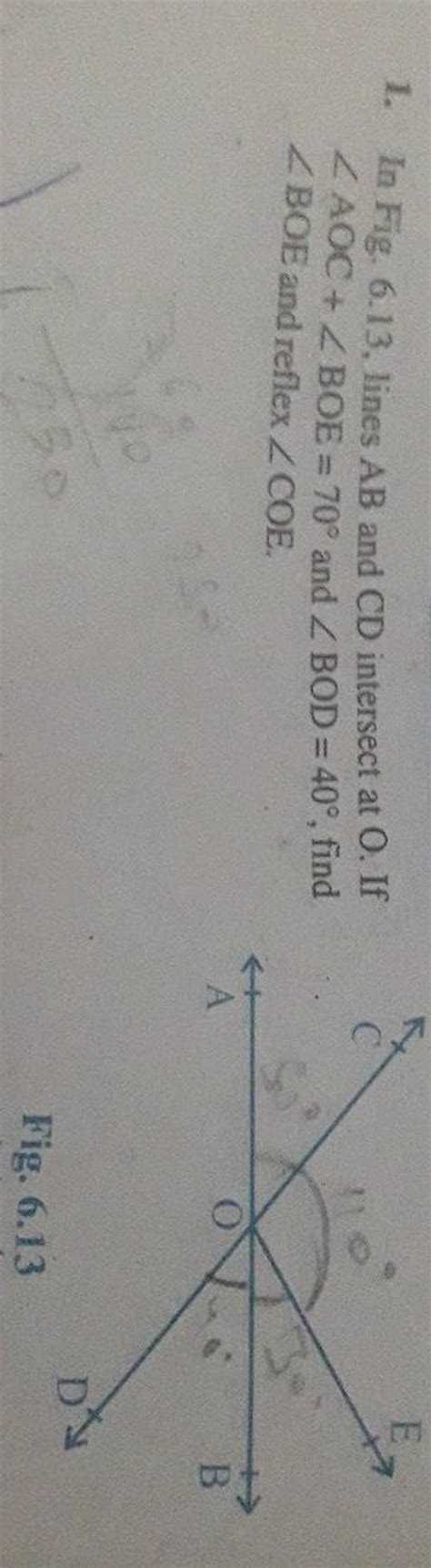 1 In Fig 6 13 Lines Ab And Cd Intersect At O If ∠aoc ∠boe 70∘ And ∠bo