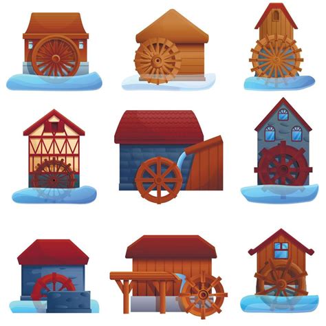 Water Mill Icons Set Cartoon Style 8997026 Vector Art At Vecteezy