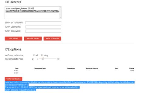 getting the server turn 127 0 0 1 3478transport udp returned an error