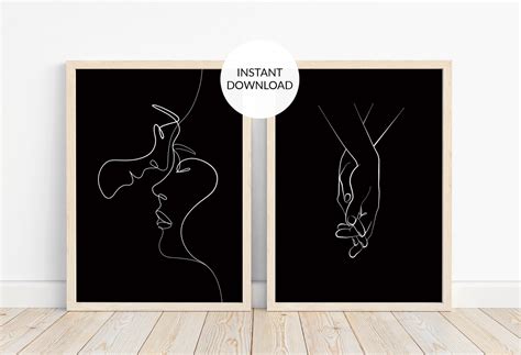 Set Of 2 Black Couple Wall Art Line Drawing Print Romantic Etsy