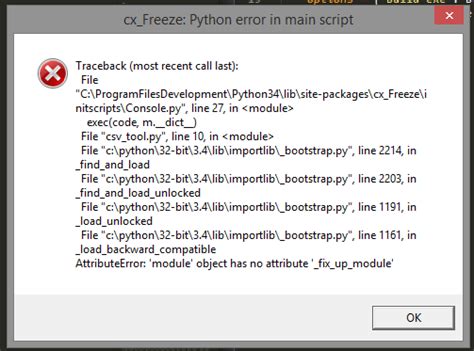error message when opening python program created with cx freeze