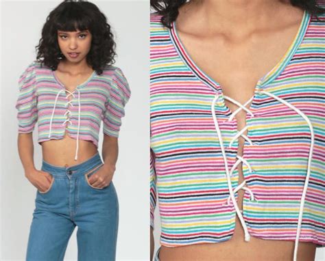 Rainbow Crop Top Puff Sleeve Shirt Lace Up Corset Blouse Shop Exile