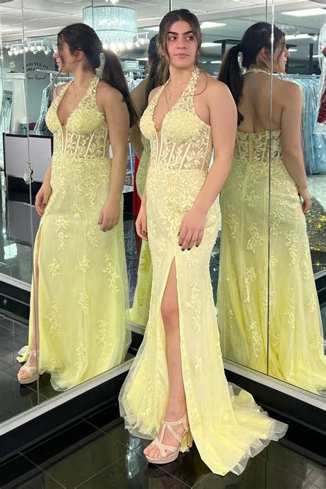 2025 Long Halter Mermaid Lace Yellow Prom Dresses Mychicdress