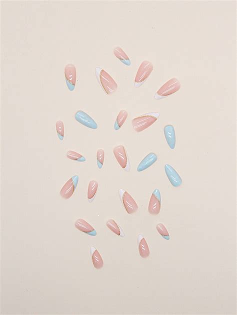 Glamouroso Com 24 Peças Comprido Amêndoa Bloco De Cores Azul Francês