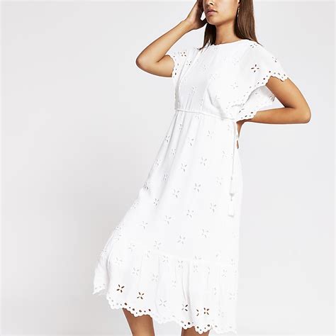 White Short Sleeve Broderie Midi Dress River Island