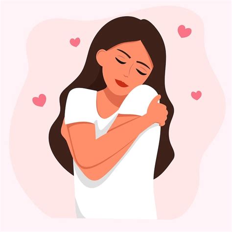 Premium Vector Love Yourself Happy Woman Hugs Herself With Hearts On