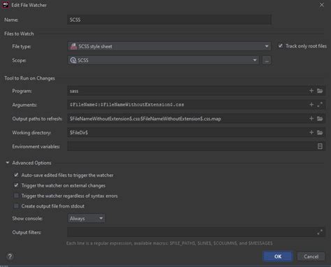 sass jetbrains rider filewatcher is not compiling scss to css stack
