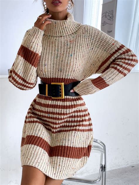 Striped Pattern Turtleneck Drop Shoulder Sweater Dress Without Belt