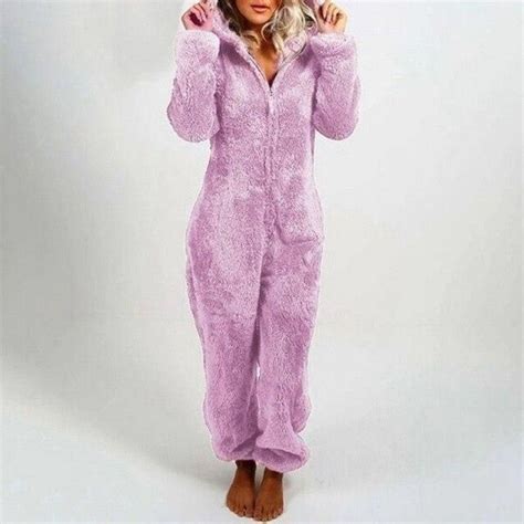Women Long Sleeve Plush Jumpsuit Winter Warm Romper Nightwear Hooded P